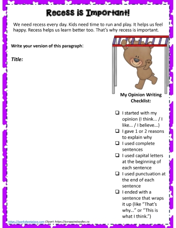 2nd Grade Mentor Paragraph Recess is Important Worksheets