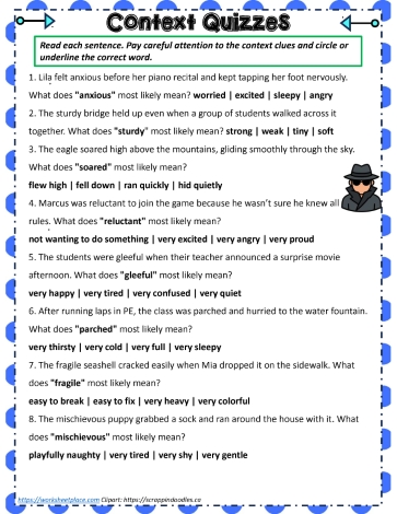 Context Clue Quiz Worksheets