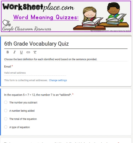 6th Grade Vocab Quiz Worksheets