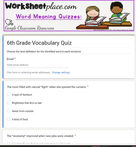 6th Grade Vocab Quiz Worksheets