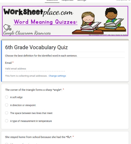 6th Grade Vocab Quiz Worksheets
