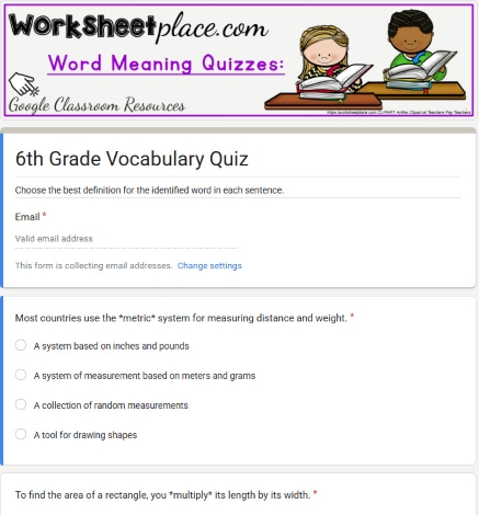 6th Grade Vocab Quiz Worksheets