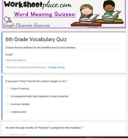 6th Grade Vocab Quiz Worksheets