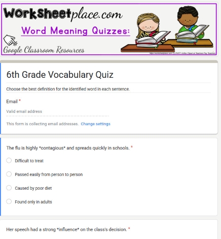 6th Grade Vocab Quiz Worksheets