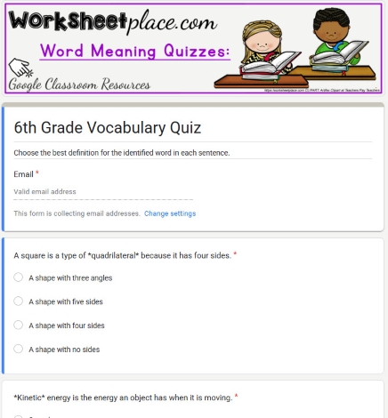6th Grade Vocab Quiz Worksheets
