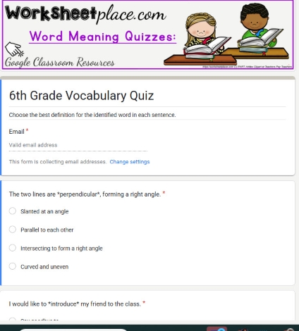 6th Grade Vocab Quiz Worksheets