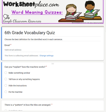 6th Grade Vocab Quiz Worksheets