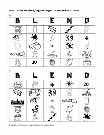 Digraph and Blend Bingo Cards 19-20 Worksheets