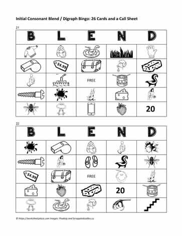 Digraph and Blend Bingo Cards 21-22 Worksheets