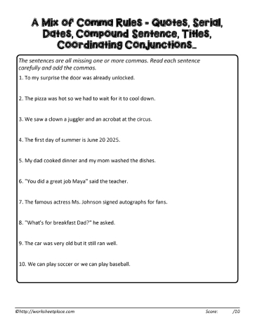 Commas Mixed Rules Worksheets