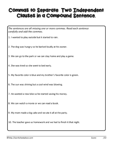 Compound Sentence Comma 1 Worksheets