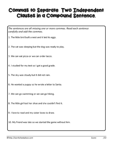 Compound Sentence Comma 2 Worksheets