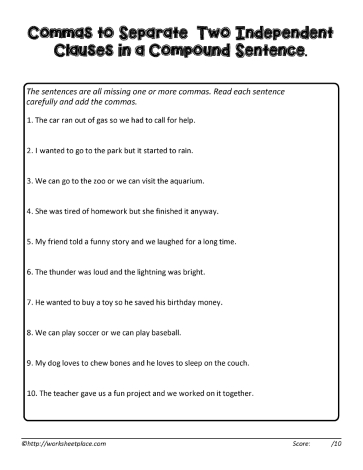 Compound Sentence Comma 5 Worksheets