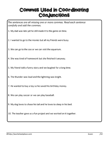 Coordinating Conjunction Commas 10 Worksheets