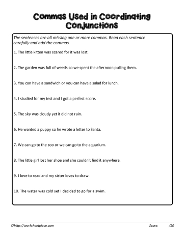 Coordinating Conjunction Commas 2 Worksheets