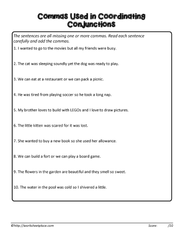Coordinating Conjunction Commas 4 Worksheets
