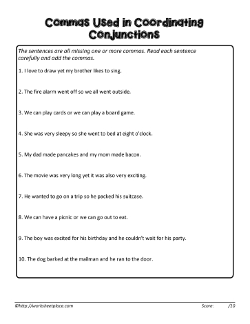 Coordinating Conjunction Commas 6 Worksheets