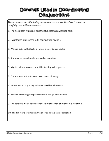 Coordinating Conjunction Commas 7 Worksheets
