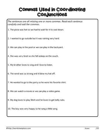 Coordinating Conjunction Commas 8 Worksheets