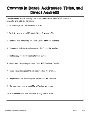 7th Grade Comma Practice Worksheets