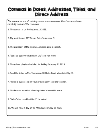 Commas in Dates,Addresses,Titles Worksheets