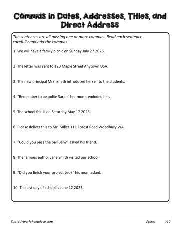 Commas in Dates,Addresses,Titles Worksheets
