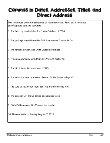 Commas in Dates,Addresses,Titles Worksheets