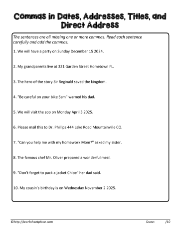 Commas in Dates,Addresses,Titles Worksheets