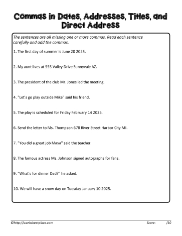 Commas in Dates,Addresses,Titles Worksheets