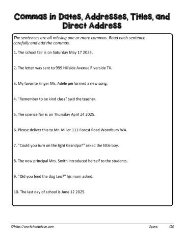 Commas in Dates,Addresses,Titles Worksheets
