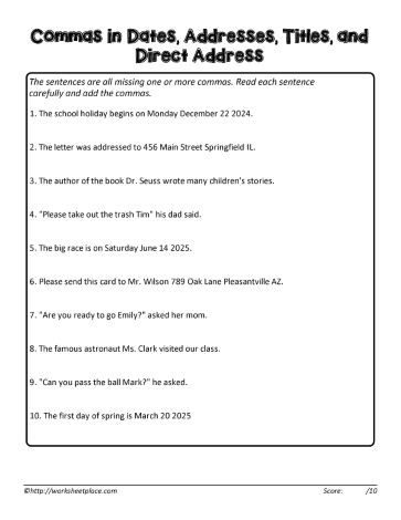 Commas in Dates,Addresses,Titles Worksheets