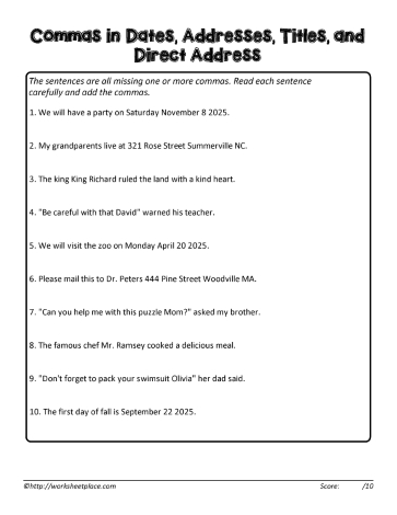 Commas in Dates,Addresses,Titles Worksheets