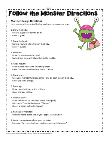 Follow Monster Directions Worksheets