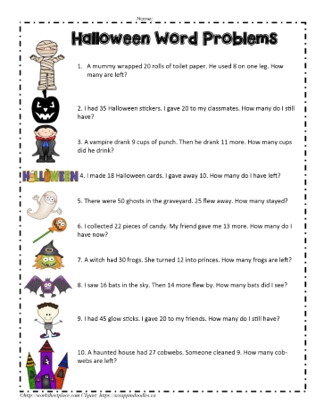 Halloween Word Problems Worksheets