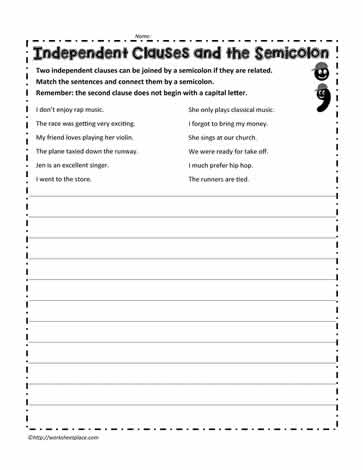 Independent Clauses and the Semicolon Worksheets