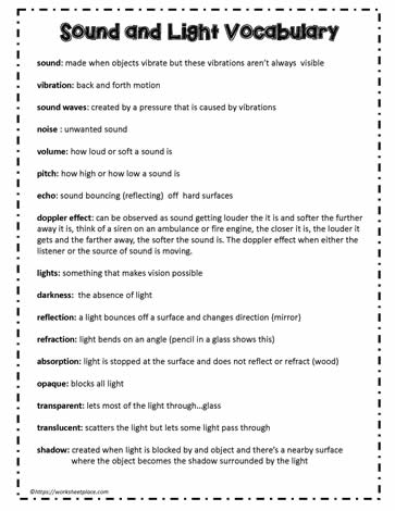 Sound and Light Vocab Worksheets