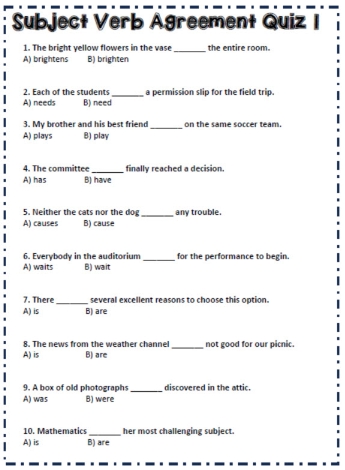 Subject Verb Agreement Worksheets