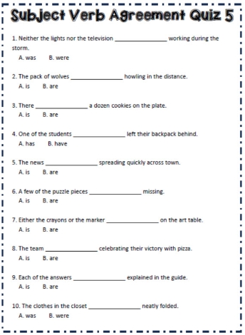 High School Subject Verb Agreement Quiz Worksheet Resume Examples