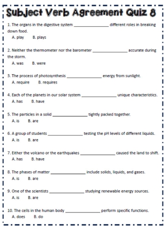 Subject Verb Agreement Worksheets