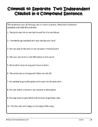 Compound Sentence Comma Worksheets