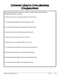 Coordinating Conjunction Comma Worksheets